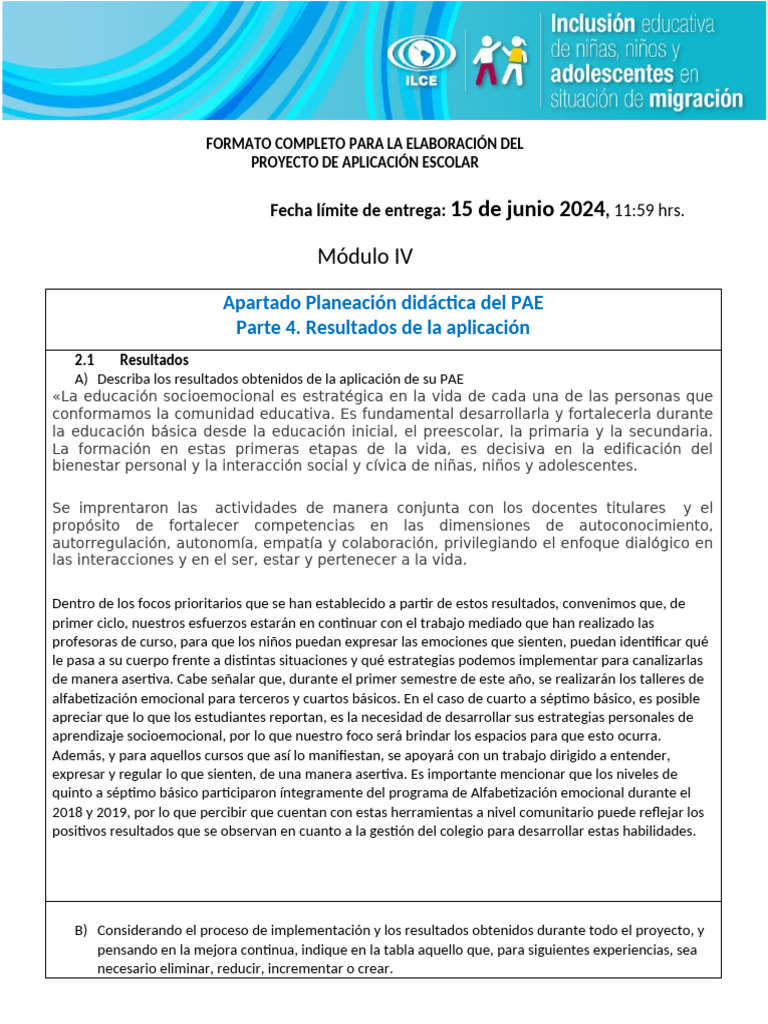 Formato PAE 2024_Resultados de aplicación | PDF