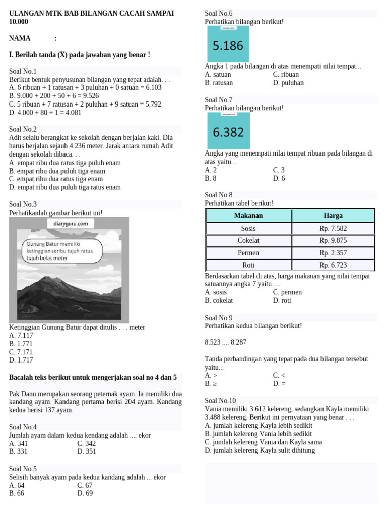 Soal Ulangan MTK Bil Cacah 10.000 | PDF