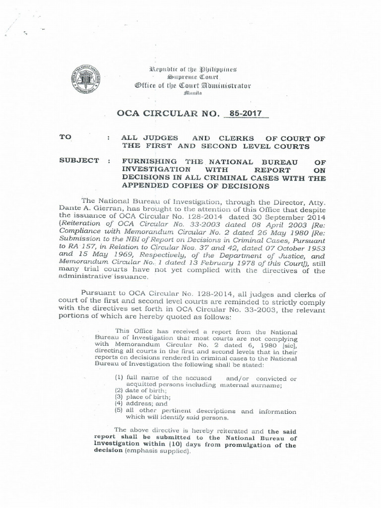 OCA Circular No. 85-2017 Re Furnishing NBI With Report On Decision in ...