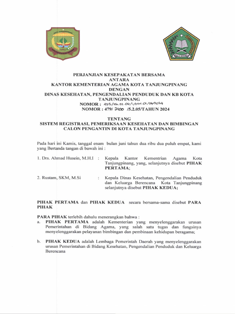 MoU Kemenag Dengan Dinkes Tentang Sistem Registrasi, Pemkes Dan Bimbingan Catin Di Kota TPI 2024 ...