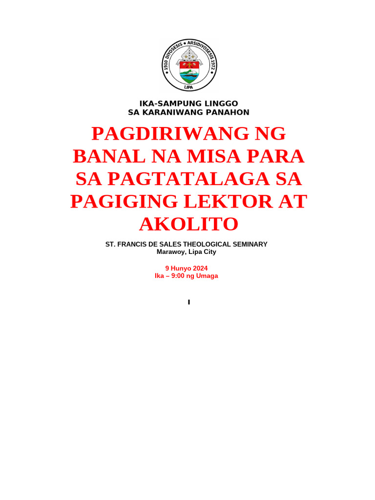 Ritu NG Pagtatalaga Bilang Mga Lektor at Akolito - Revised | PDF