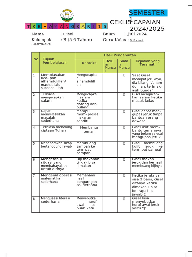 Ceklis Skala Capaian Paud | PDF