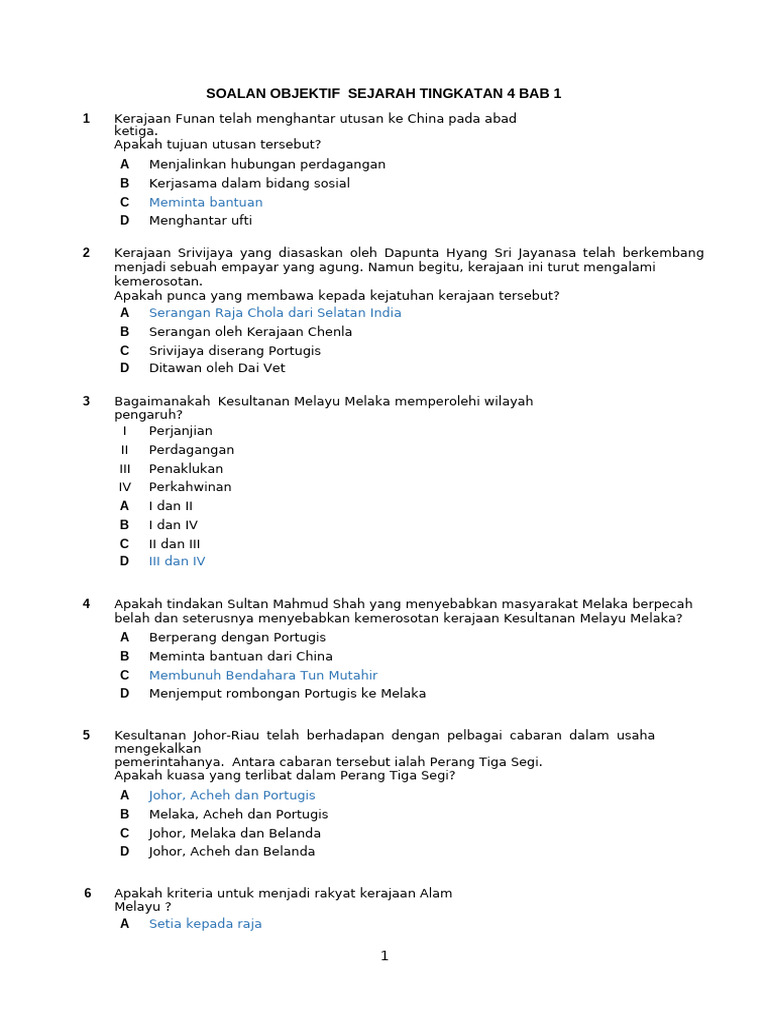 Soalan Objektif Sejarah Tingkatan 4 Bab 1-Converted (2) (5) | PDF