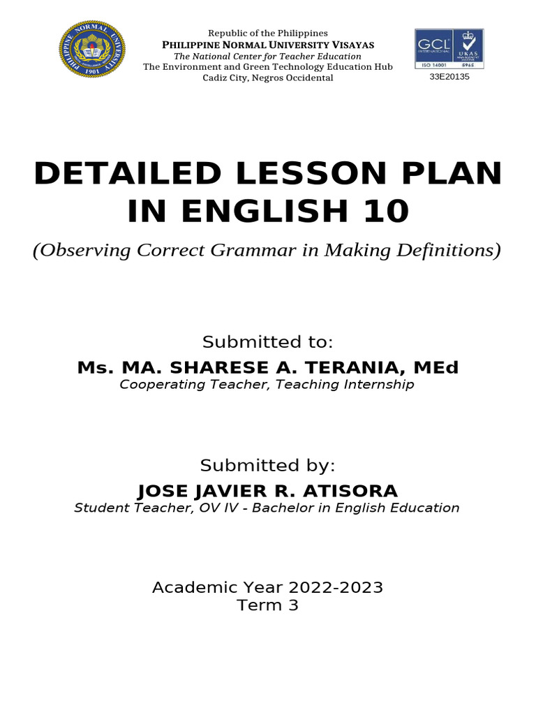 DLP IN ENGLISH 10 Observing Correct Grammar in Making Definitions | PDF