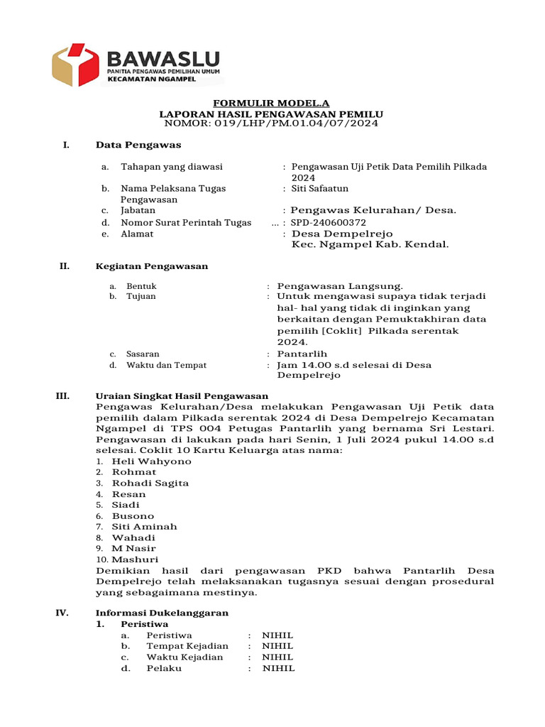 Formulir Model.A Laporan Hasil Pengawasan Pemilu I. Data Pengawas | PDF