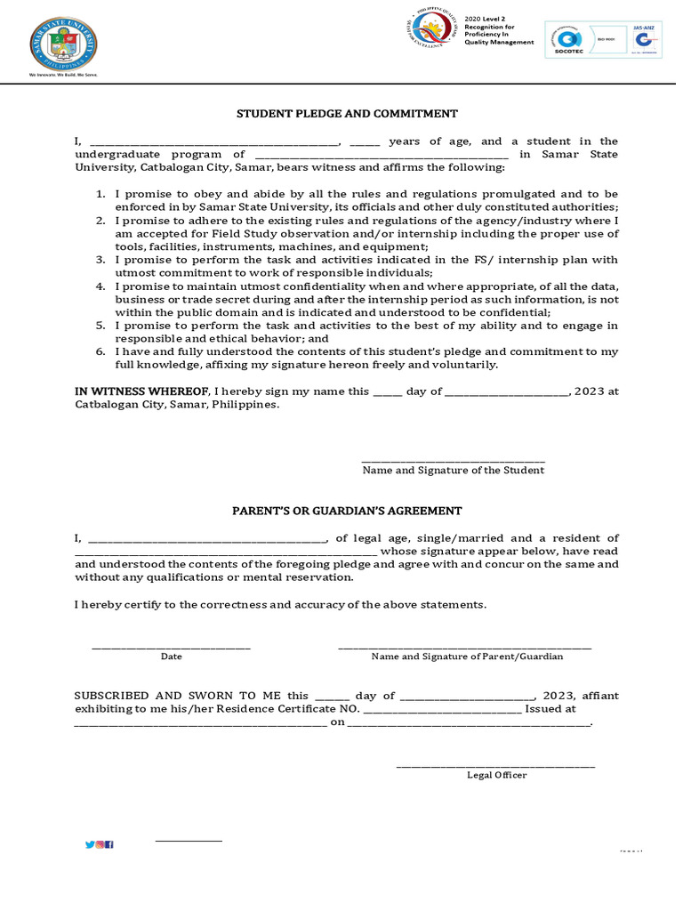 Students Pledge and Commitment Form 1 Final | PDF