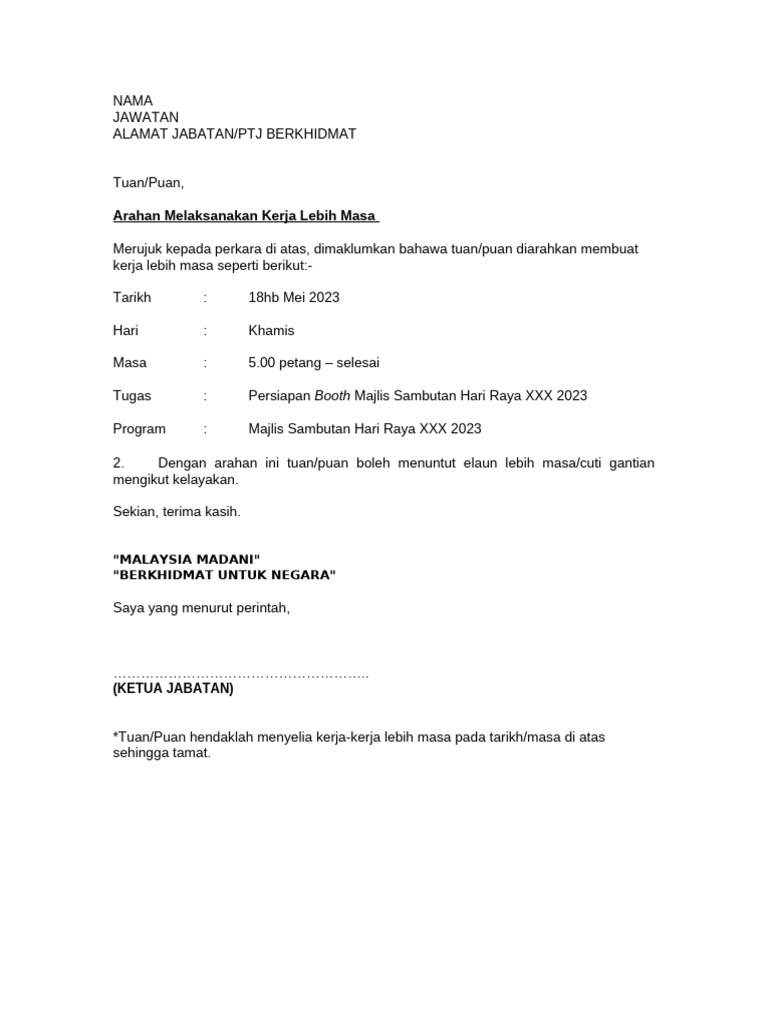 Contoh Surat Arahan Kerja Lebih Masa | PDF