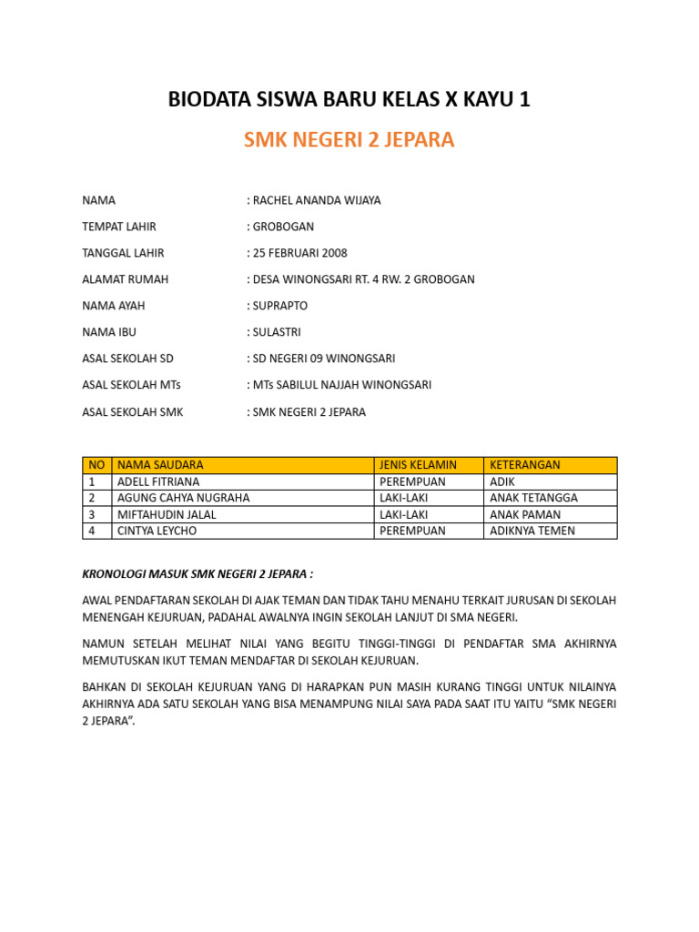 Perkenalan Biodata Siswa Baru Kelas X Kayu 1 | PDF