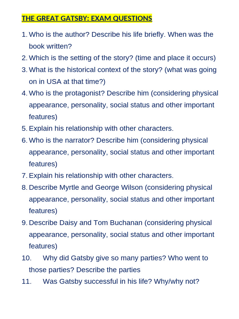 Exam Questions About The Great Gatsby | PDF
