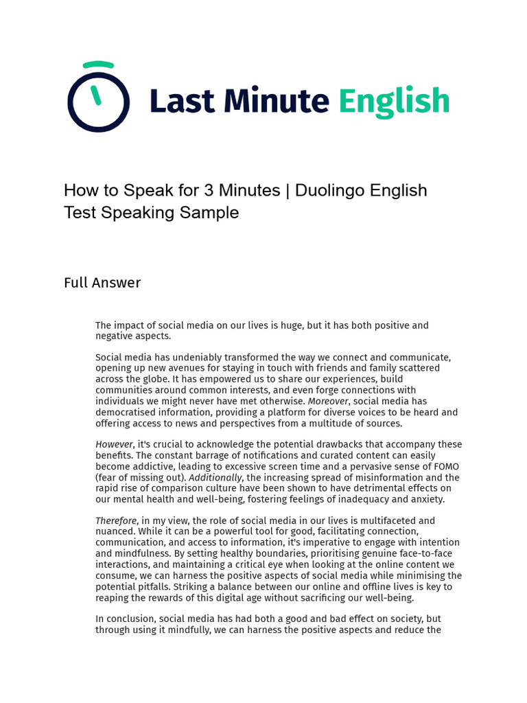 How To Speak For 3 Minutes Duolingo English Test Speaking Sample | PDF