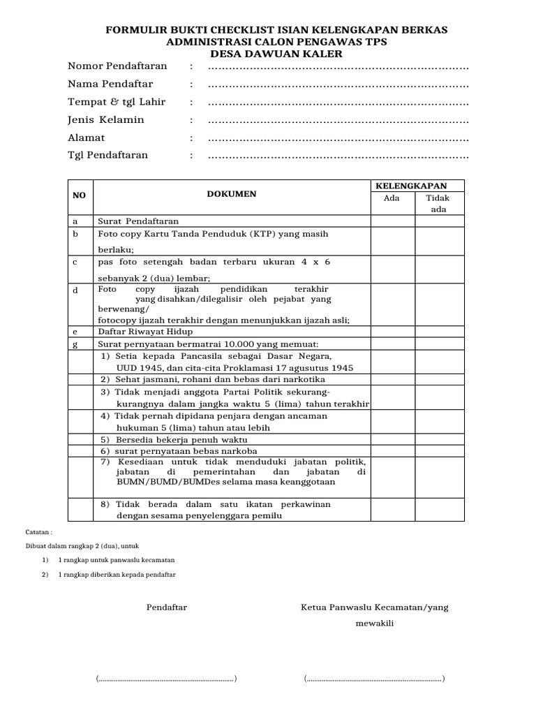 Formulir Cheklist Dawuan Kaler | PDF
