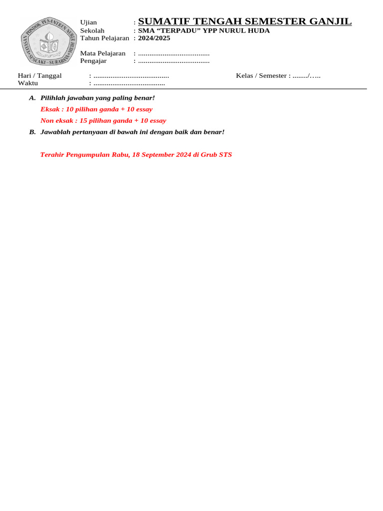 Format Penulisan Soal STS 1 | PDF