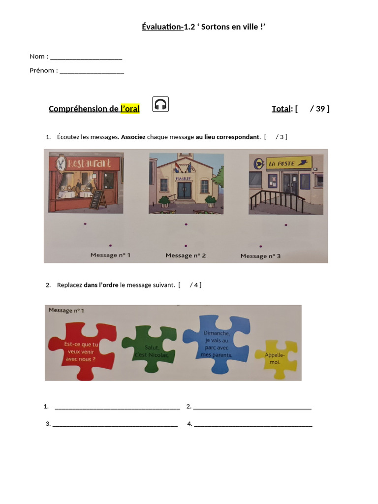Evaluation - Comprehension de L'oral | PDF
