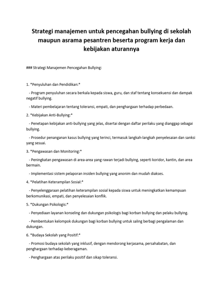 8.strategi Manajemen Untuk Pencegahan Bullying Di Sekolah Maupun Asrama Pesantren Beserta ...