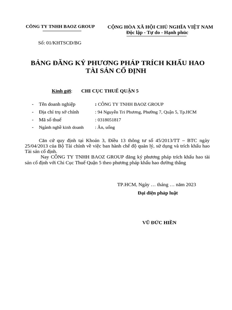 5.PN - DK PP Trich Khau Hao TSCD - BAOZ GROUP | PDF