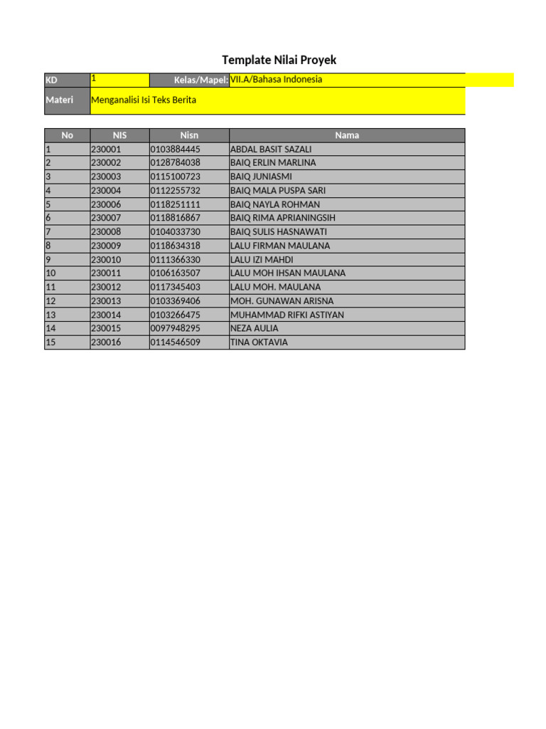 Template Nilai Proyek-VII.a-bahasa Indonesia | PDF