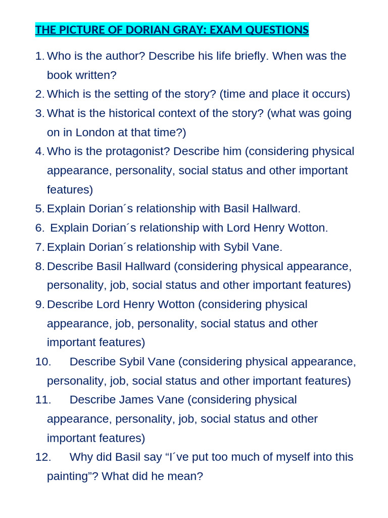 Exam Questions About The Picture of Dorian Gray | PDF