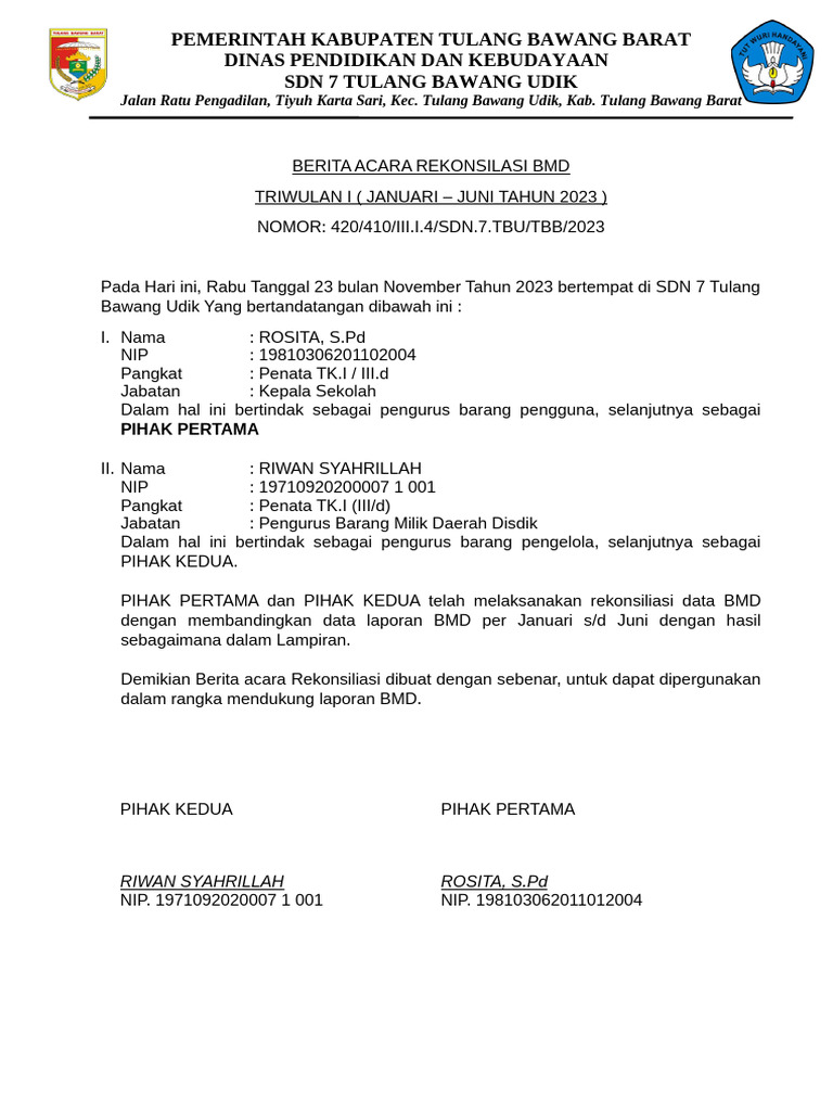 Berita Acara Rekon Sesuai Permendagri 47 THN 2021 SDN 7 Tbu | PDF