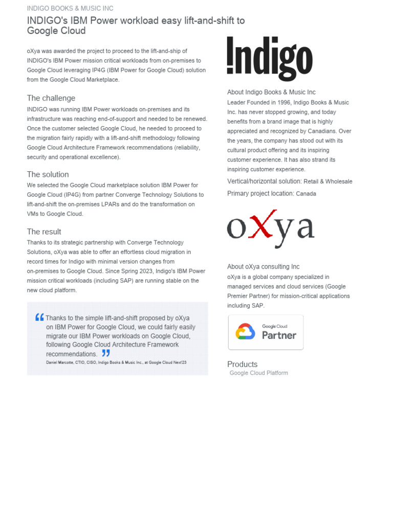 INDIGO's IBM Power Workload Easy Lift-And-shift To Google Cloud | PDF