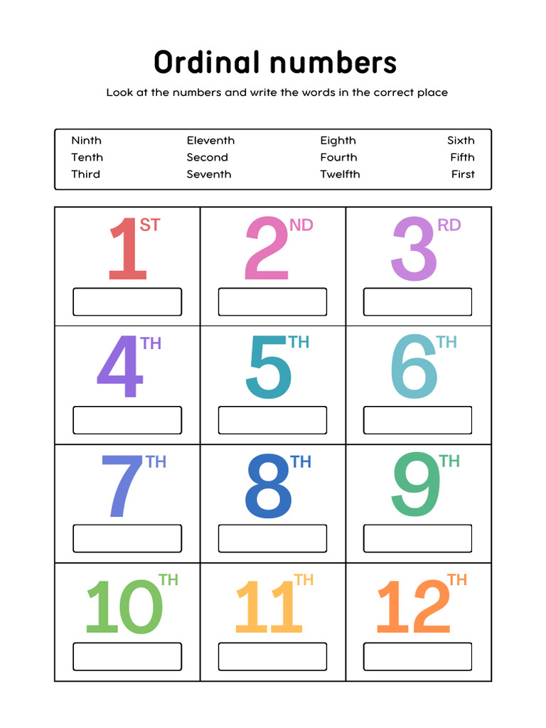 White Colorful Ordinal Numbers Vocabulary Worksheet | PDF