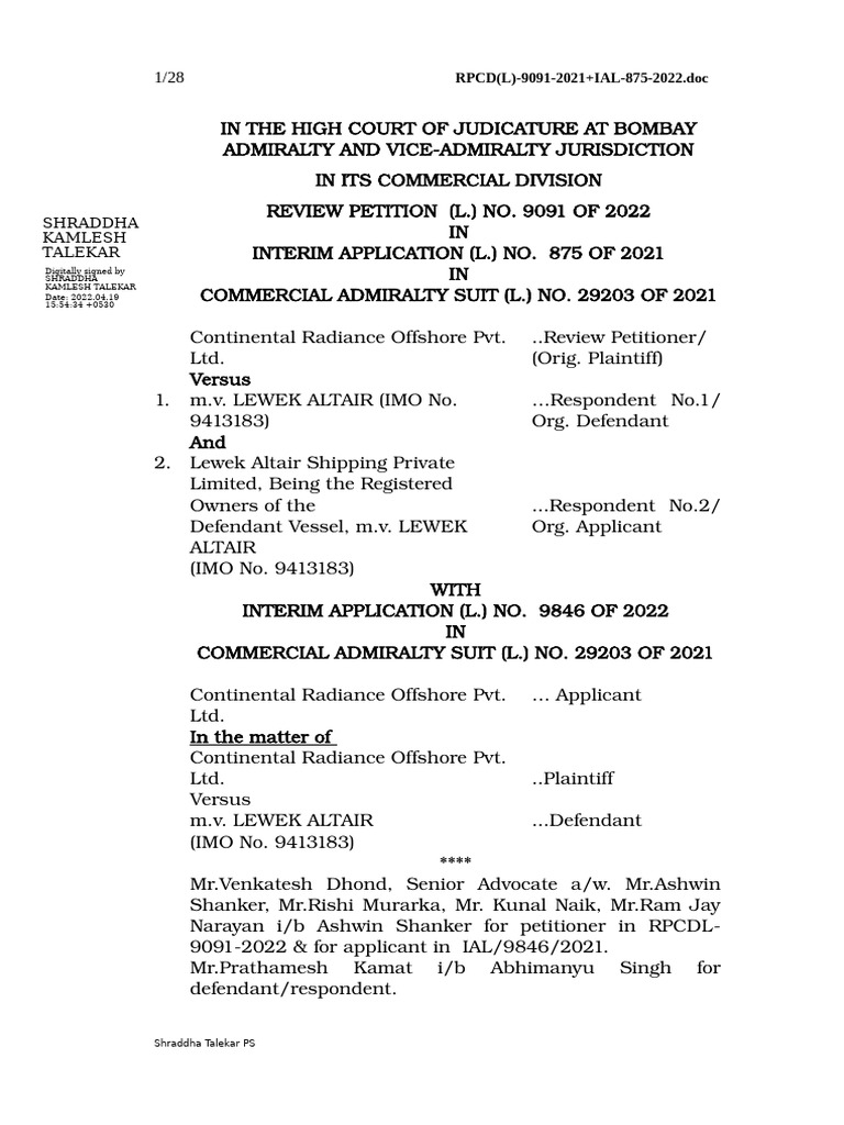 CROPL v. Lewek Altair (Jamadr J) | PDF | In Rem Jurisdiction | Indemnity
