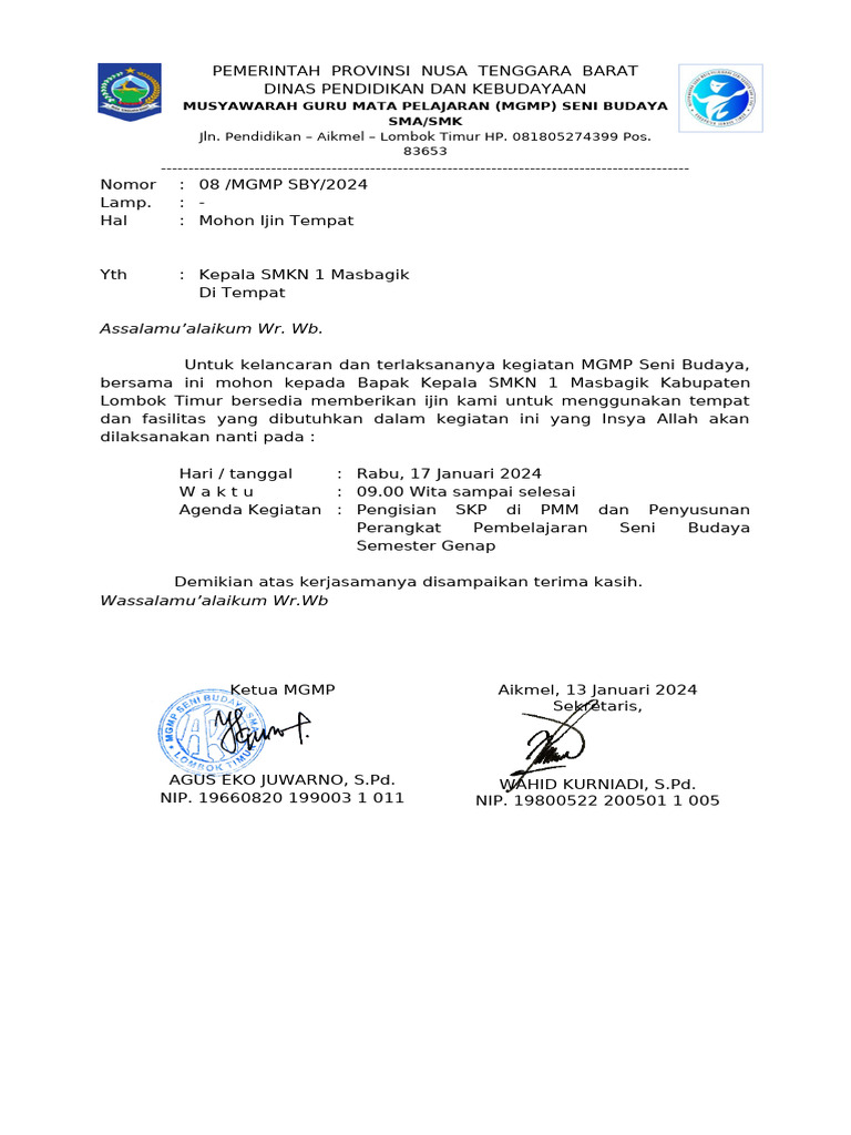 Surat Ijin Tempat SMKN 1 Masbagik | PDF