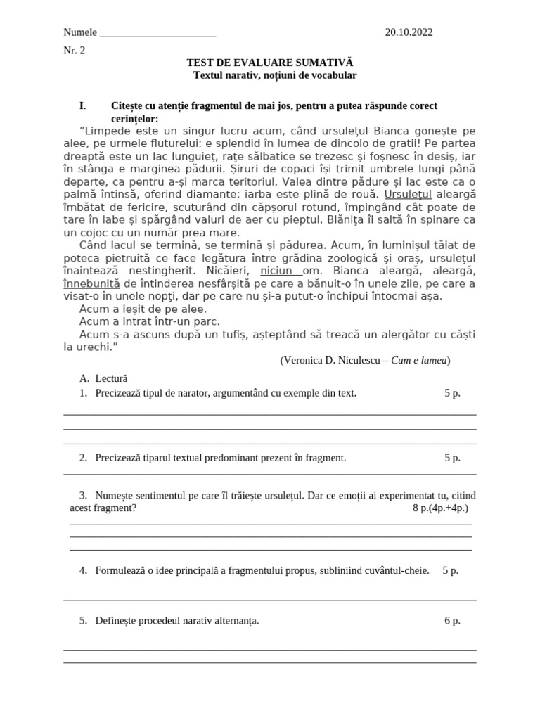 Test U1 Text Narativ Vocabular Nr.2 | PDF