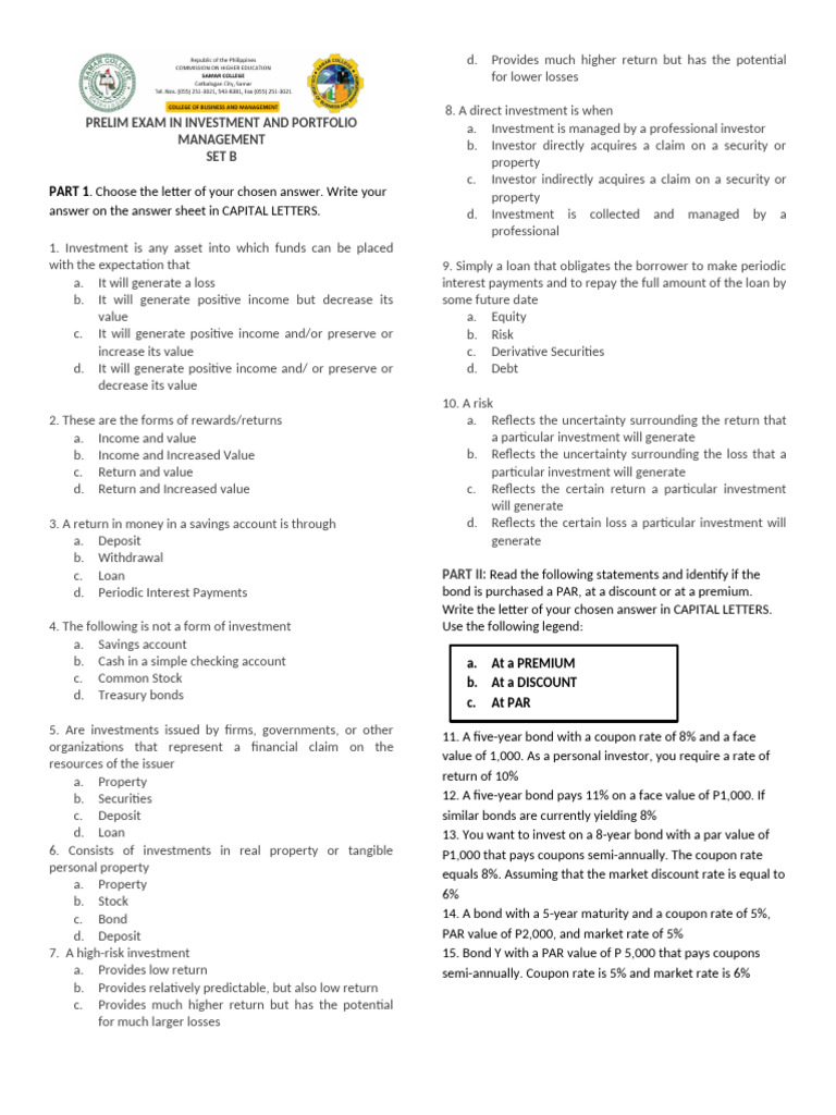 Prelim Exam in Investment and Portfolio Management Set A | PDF
