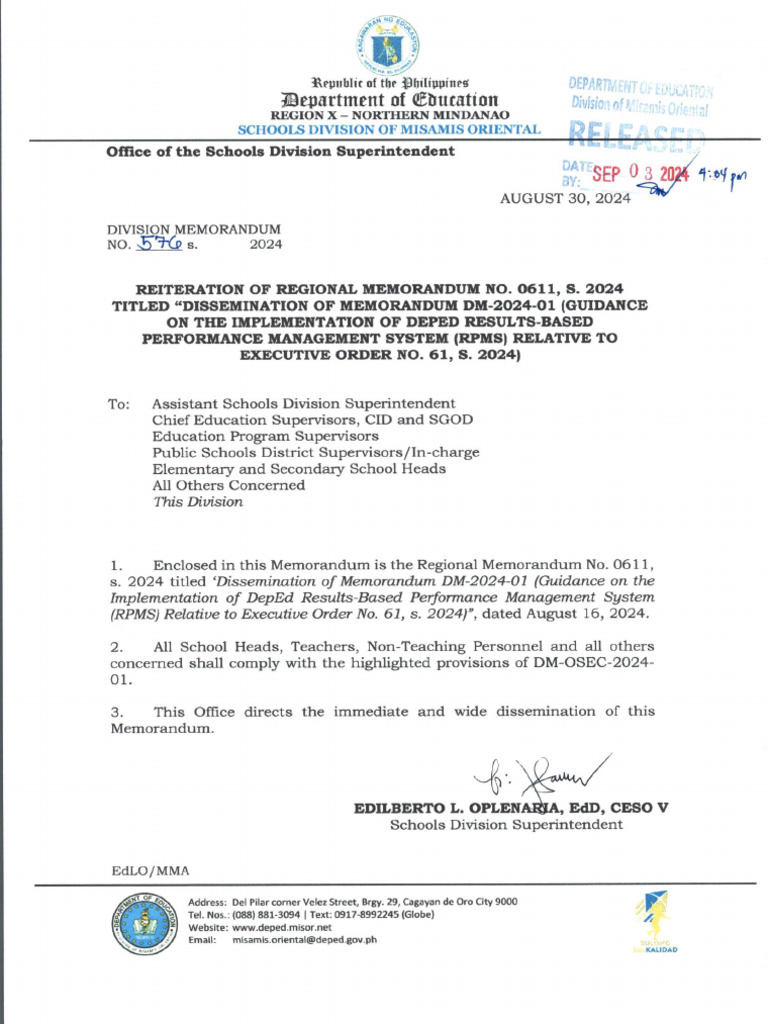 DM 576 S 2024 Reiteration of Regional Memorandum No. 0611 S. 2024 Titled Dissemination of Memo ...