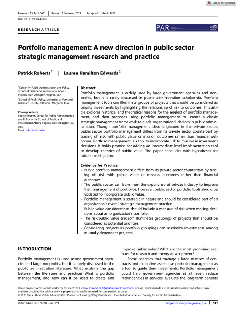 Public Administration Review - 2023 - Roberts - Portfolio management A ...