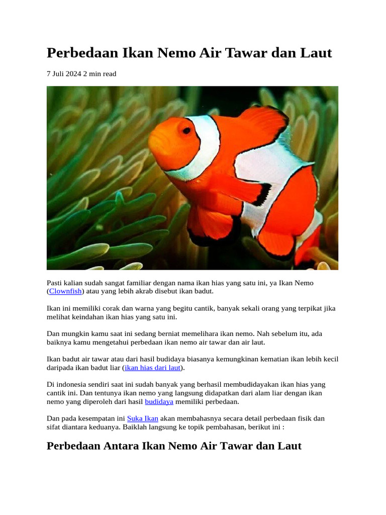 Perbedaan Ikan Nemo Air Tawar Dan Laut | PDF