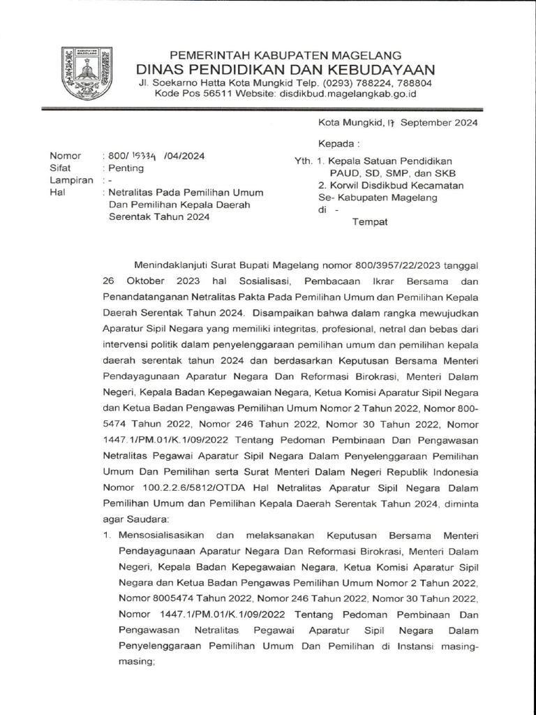 Netralitas Pada Pemilihan Umum Dan Pemilihan Kepala Daerah Serentak 2024 | PDF