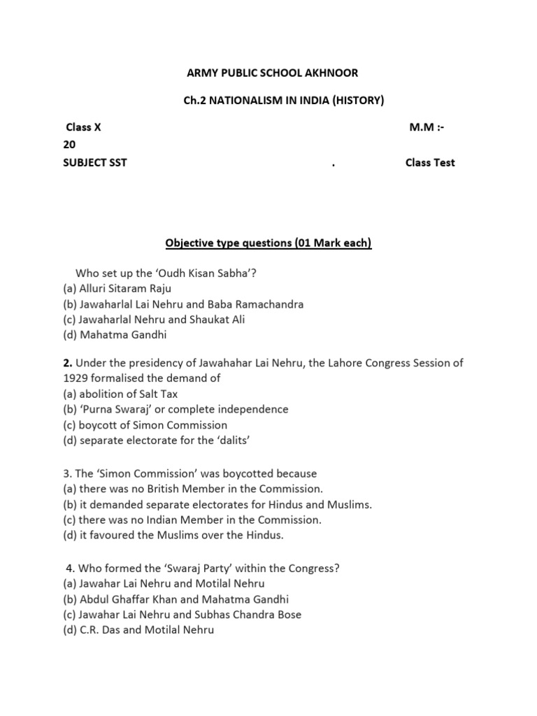 Nationalism in India Class Test | PDF