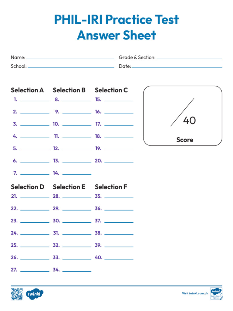 Grade 6 PHIL-IRI Practice Test Answer Sheet | PDF