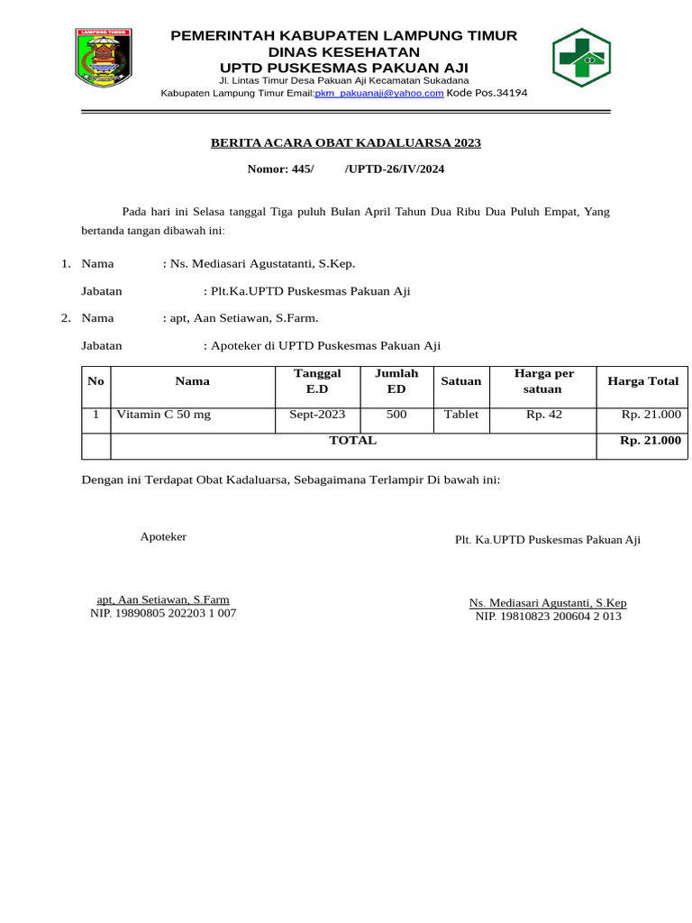 Berita Acara Obat ED 2023 | PDF