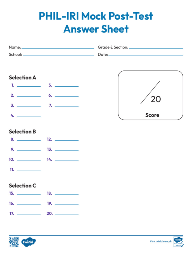 Grade 6 PHIL-IRI Mock Post Test Booklet Answer Sheet | PDF