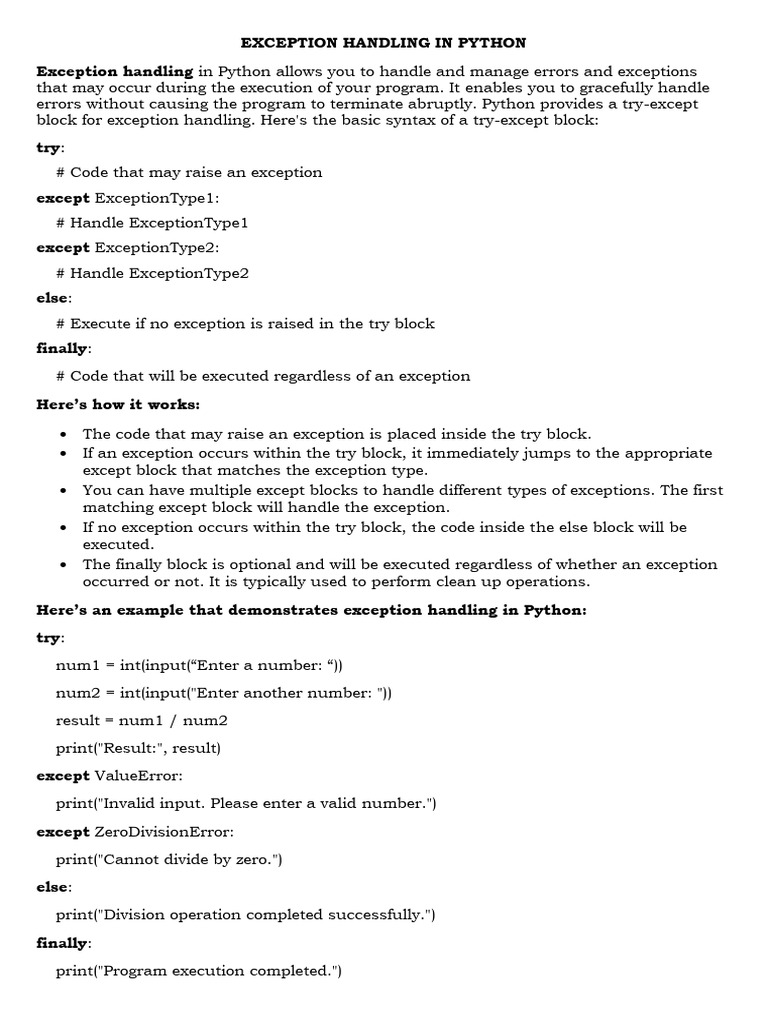 Exception Handling in Python Exception Handling | PDF
