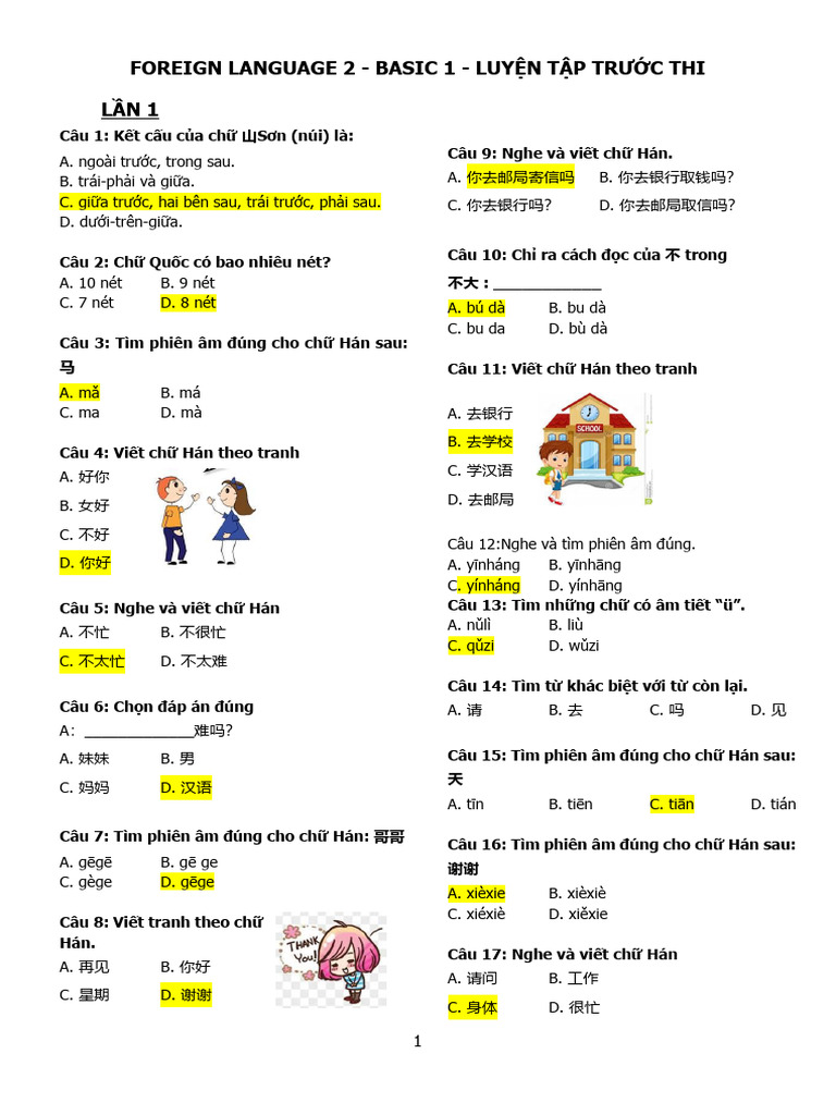 FOREIGN LANGUAGE 2 - BASIC 1 - LUYỆN TẬP TRƯỚC THI + KEY | PDF