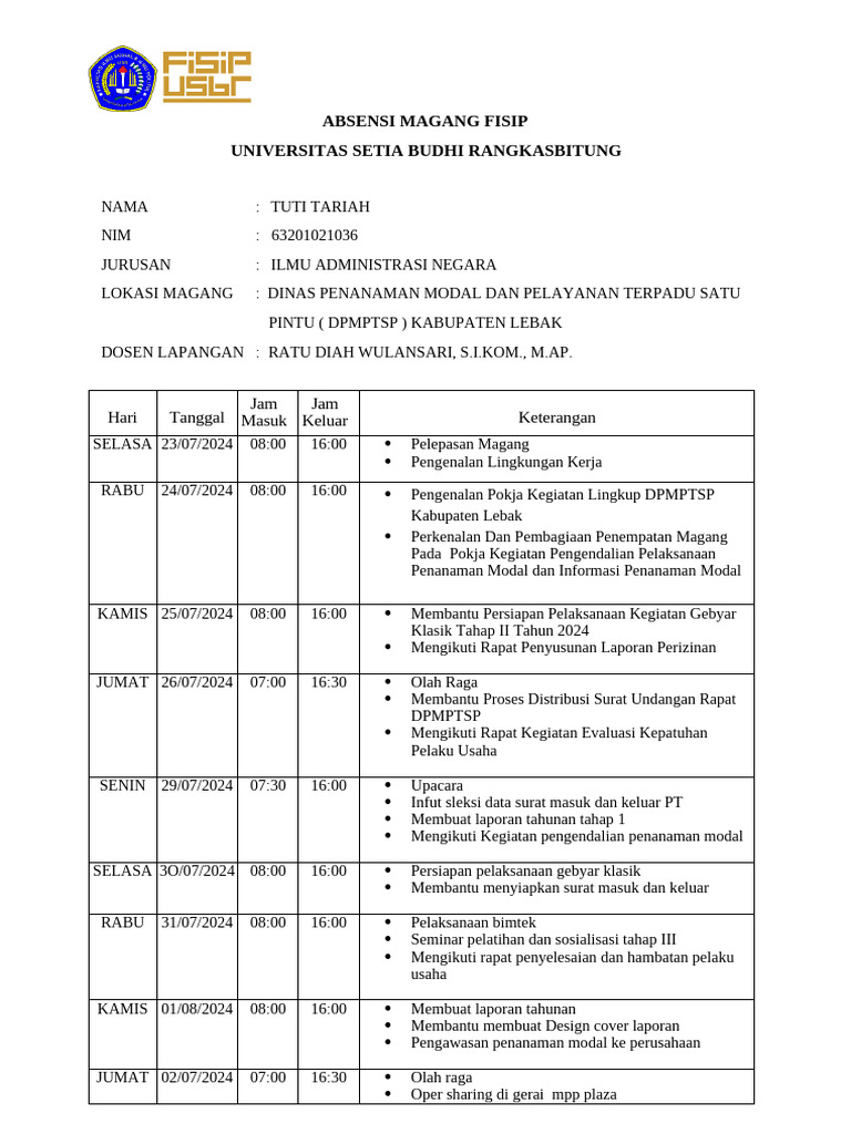 ABSENSI MAGANG Tuti Tariyah DPMPTSP New | PDF