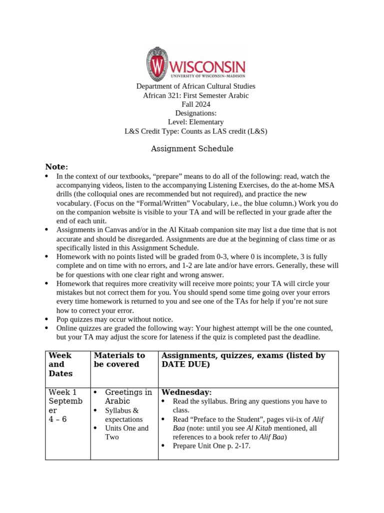 AFR 321 Arabic Course Schedule Fall 2024 | PDF