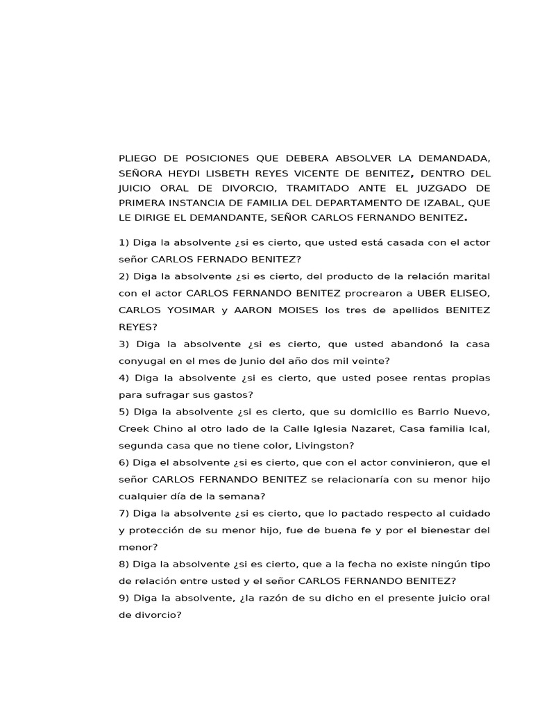 Pliego de Posiciones Divorcio Carlos | PDF