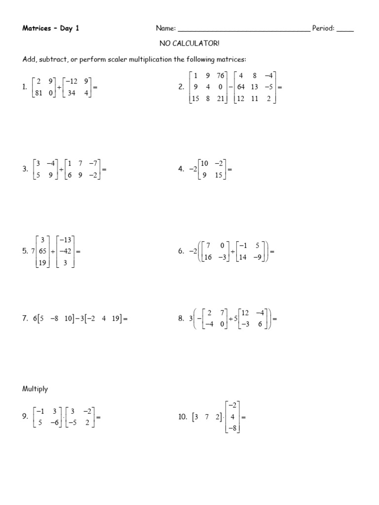 Matrices - Day 1 Worksheet | PDF