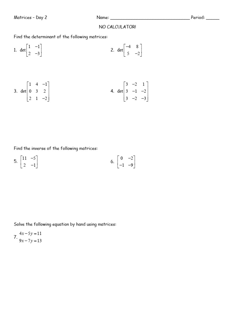 Matrices - Day 2 Worksheet | PDF
