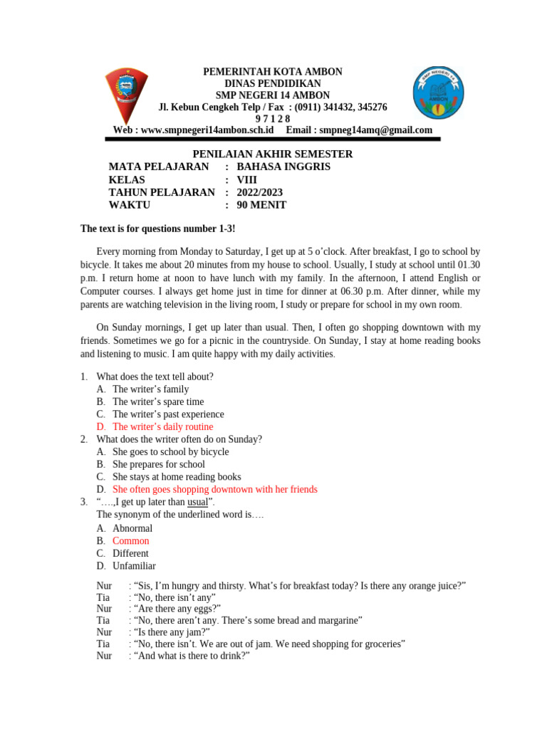 Soal Sas Bing KLS 8 Sem Genap 2023-2024 | PDF