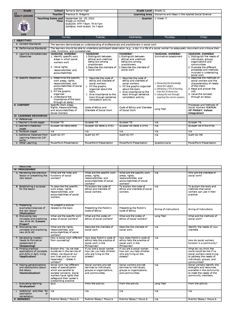 Daily Lesson Log - DIASS - Q1 - Week 6-Sep16-20 | PDF | Learning | Social Work