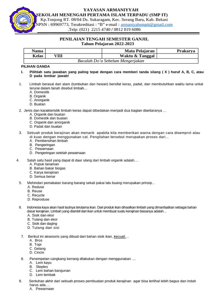 Soal PTS PRAKARYA 8 Sem 1 | PDF