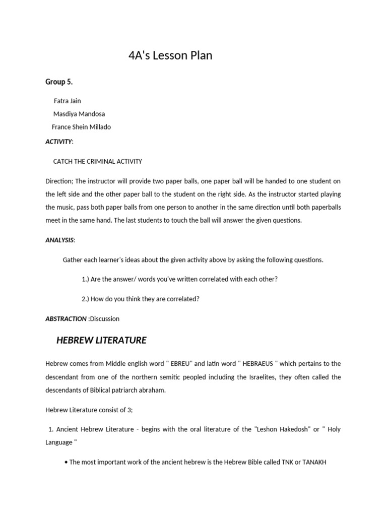 4a's Lesson Plan Hebrew 080902 | PDF | Hebrew Bible | Ketuvim