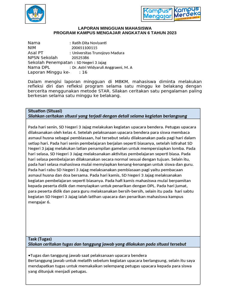 Laporan Mingguan Kampus Mengajar | PDF