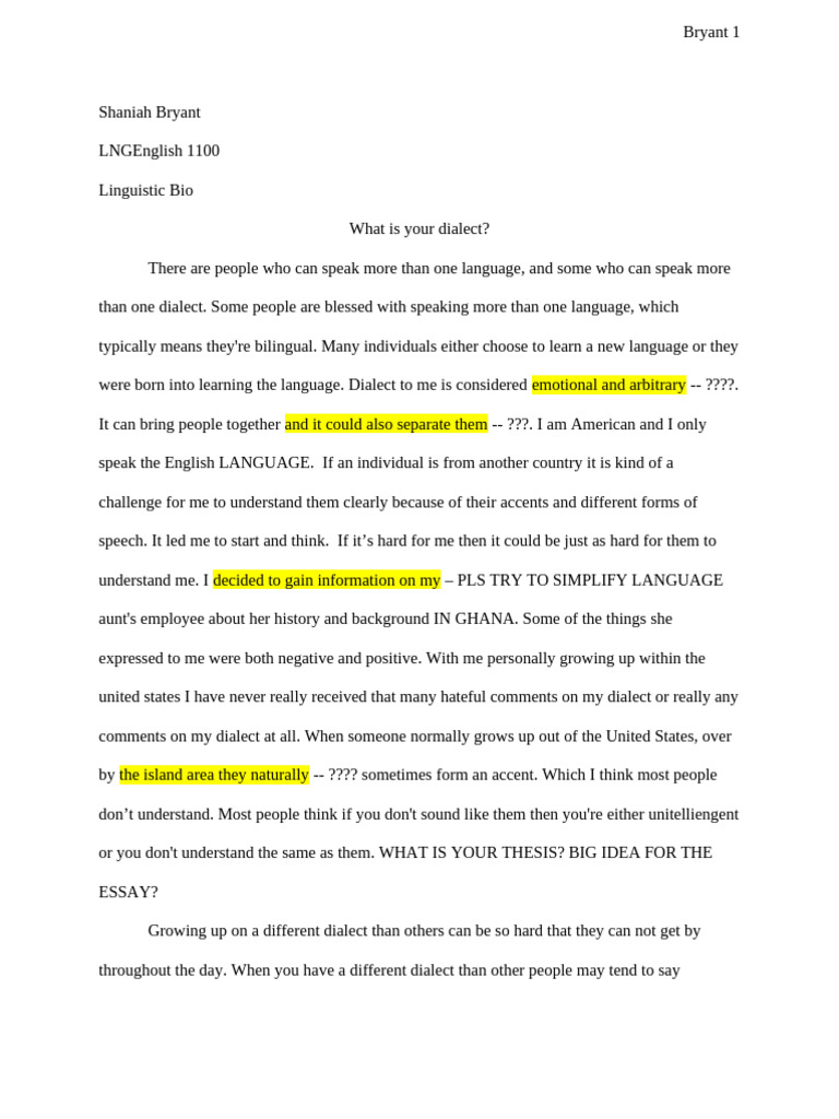Dialect Linguistic Biography SHANIAH Student Draft DR Shapiro Comments ...