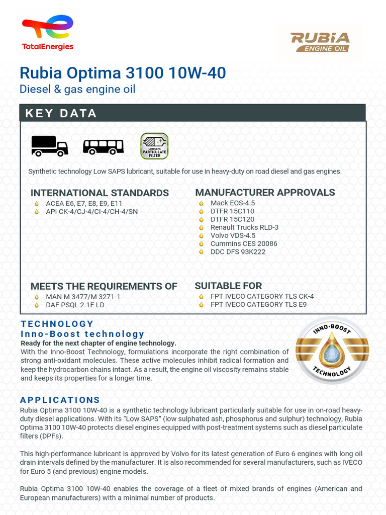TDS TotalEnergies Rubia Optima 3100 10W 40 WX3 En | PDF